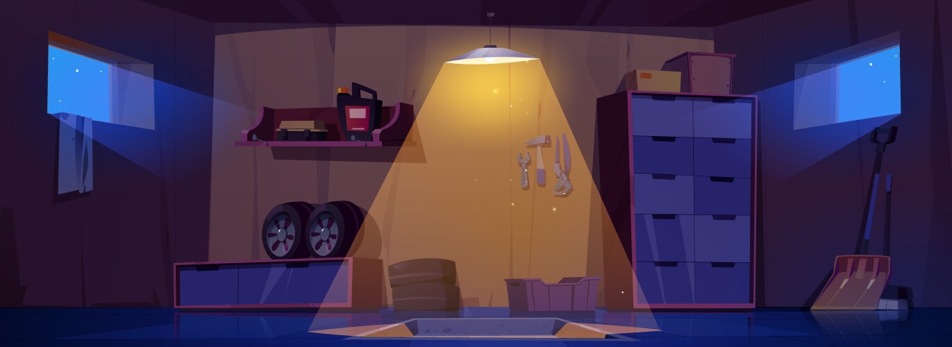 Cartoon garage interior design at night Royalty Free Vector