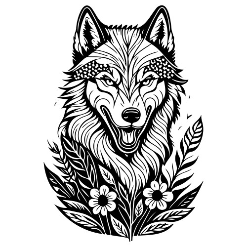 Wolf brave with floral spring sketch hand draw Vector Image