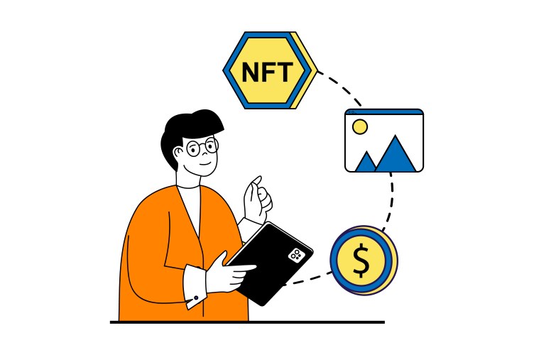 Nft token concept with people scene in flat web Vector Image