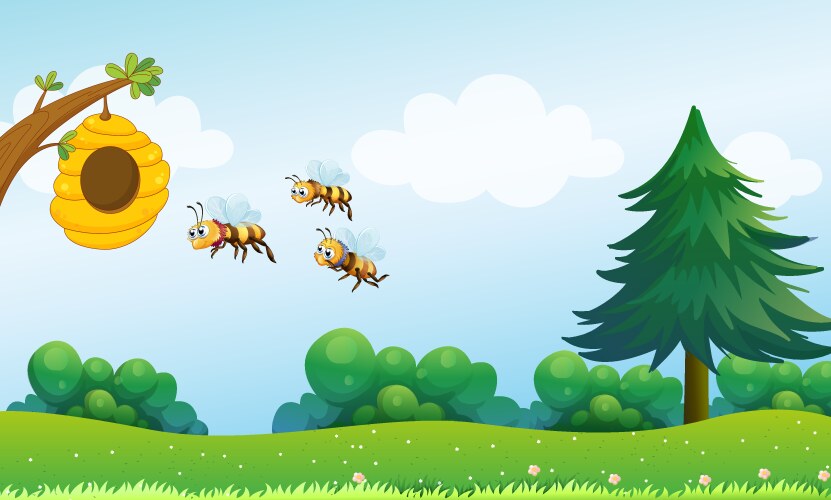 Cartoon bees with honey under a tree Royalty Free Vector