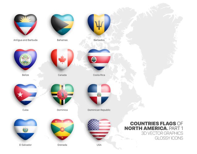 All asian countries flags 3d heart glossy icons Vector Image