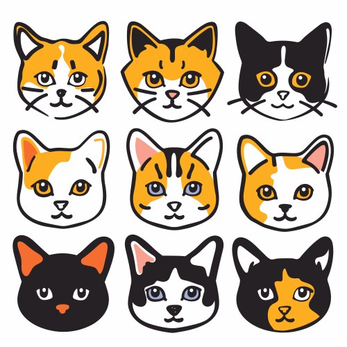 Six cute cartoon cat faces colorful collection Vector Image