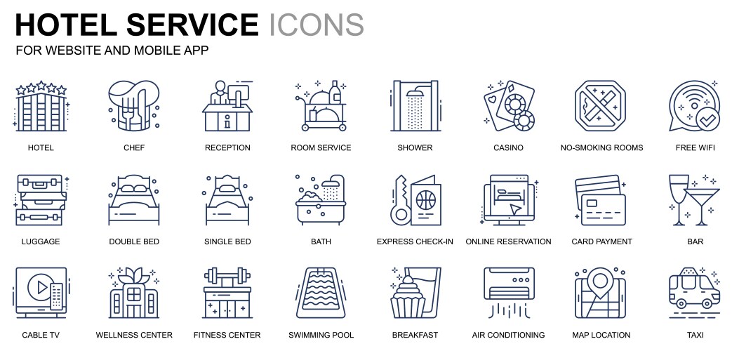 Hotel booking outline icons for web and mobile app