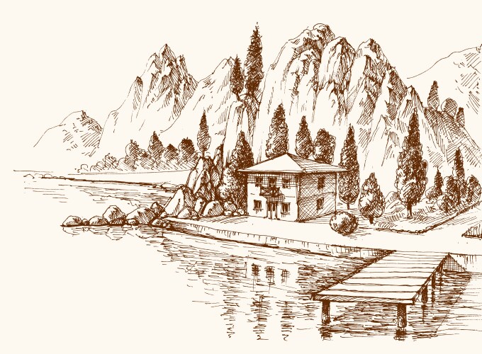 Mountains village hand drawing alpine landscape Vector Image