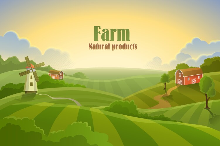 Wheat fields village farm landscape with green Vector Image