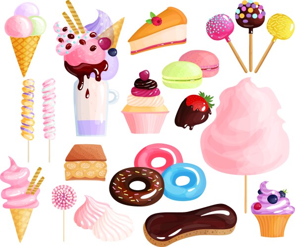 Flat set of various sweet desserts Royalty Free Vector Image