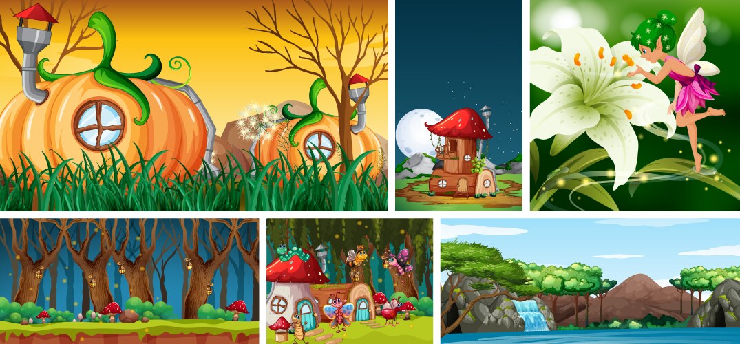 Six different scene fantasy world Royalty Free Vector Image