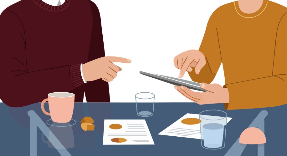 Two people discussing document using digital – Royalty-Free Vector ...