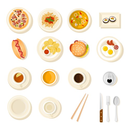 Flat set of various dishes detailed food Vector Image