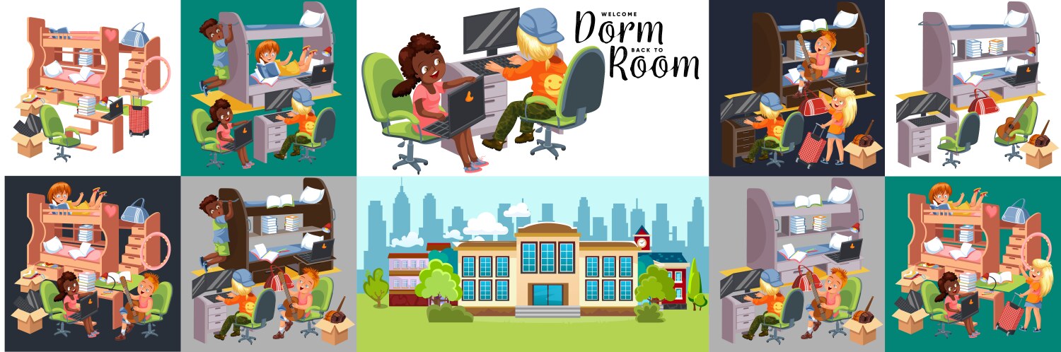 Student dormitory room isometric set Royalty Free Vector