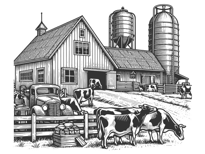 Rustic farm engraving with cattle and barn Vector Image