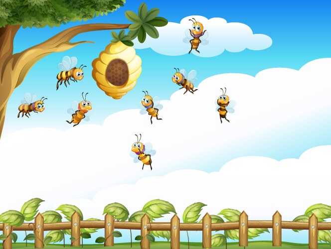 Bees around beehive scene Royalty Free Vector Image