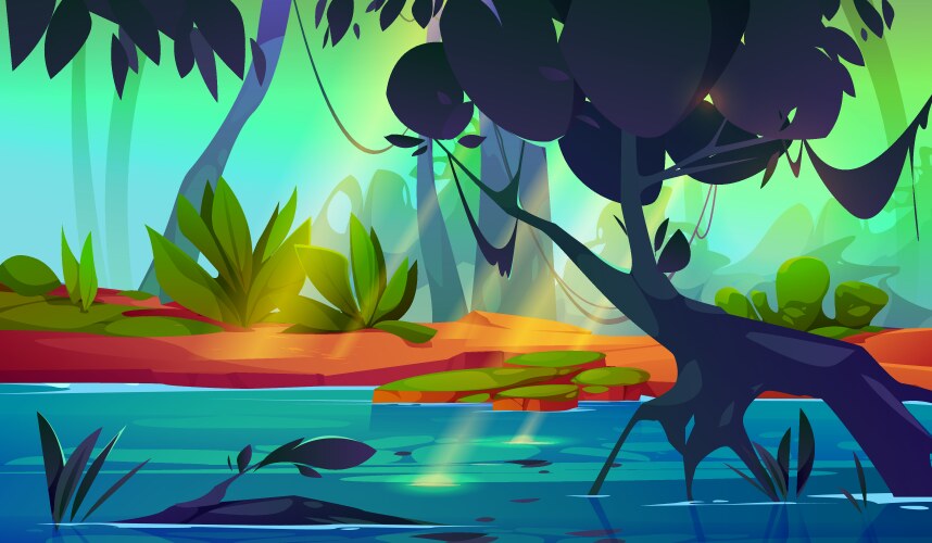 Cartoon forest river water scene background Vector Image