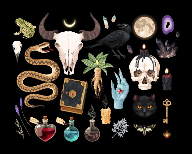 High detailed black magic supplies set Royalty Free Vector