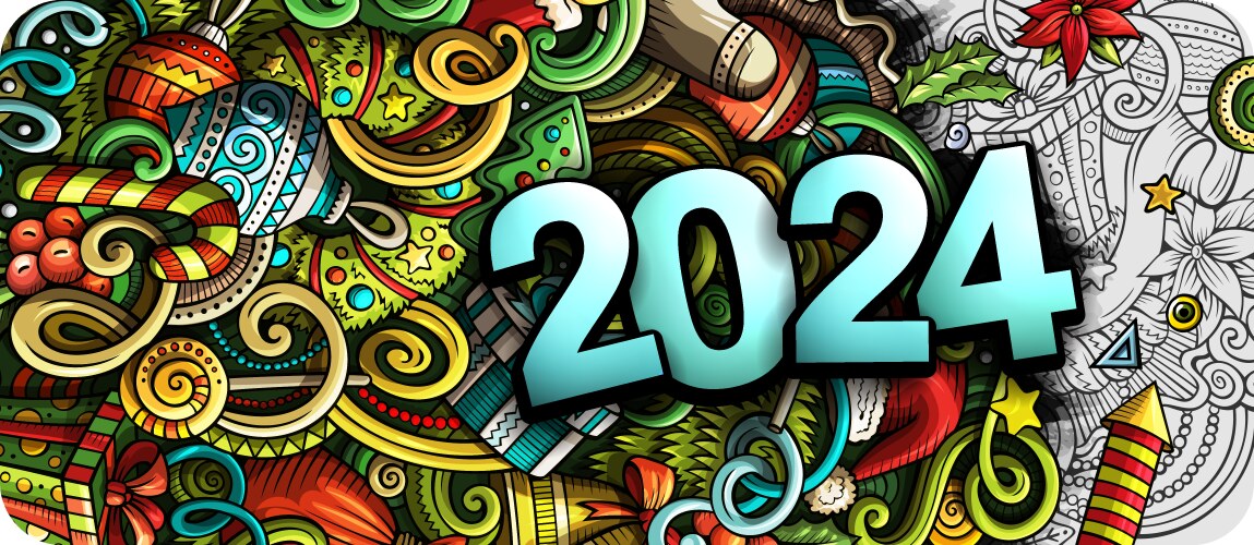2024 doodles horizontal new year Royalty Free Vector Image