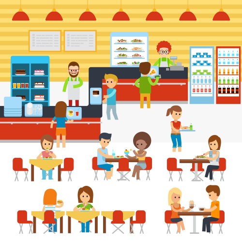 Elementary students eating lunch in cafeteria Vector Image