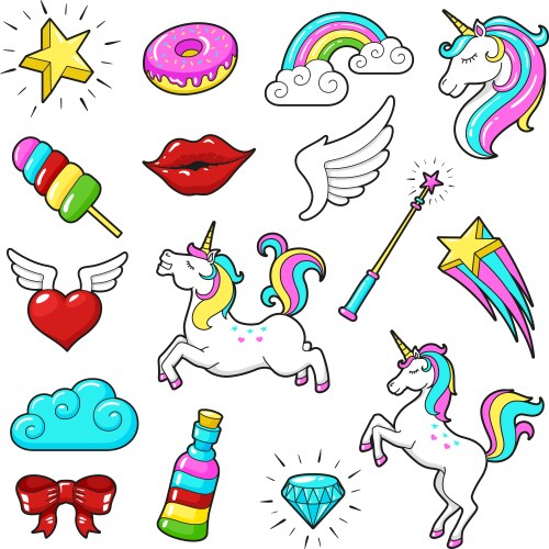 Cartoon unicorn and set cute design elements Vector Image