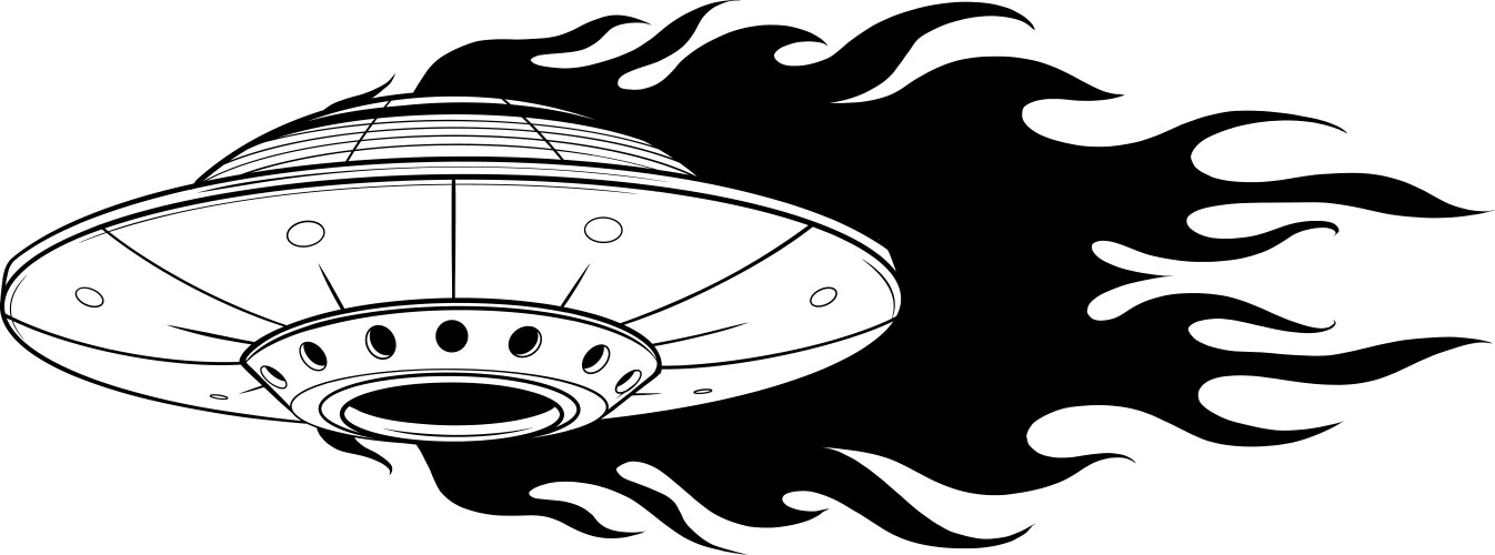 White silhouette of ufo with flames on black Vector Image