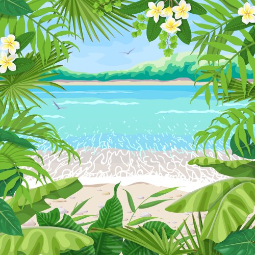 Tropical beach with parasol and palm trees Vector Image