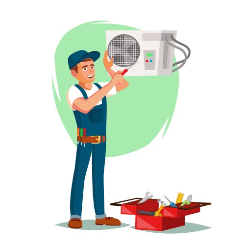 Air conditioner repair man cartoon Royalty Free Vector Image