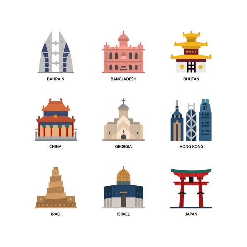 Asia cities landmarks in flat style Royalty Free Vector