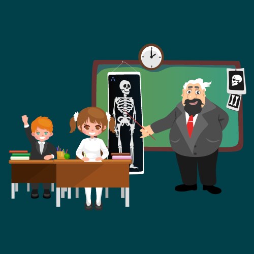 Cartoon boy and girl with their first teacher Vector Image