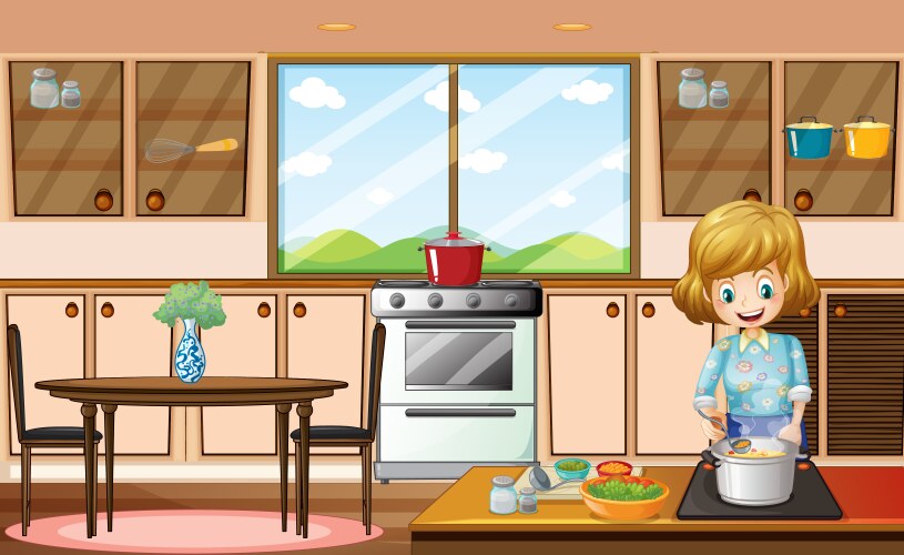 Cute kitchen interior flat cartoon Royalty Free Vector Image