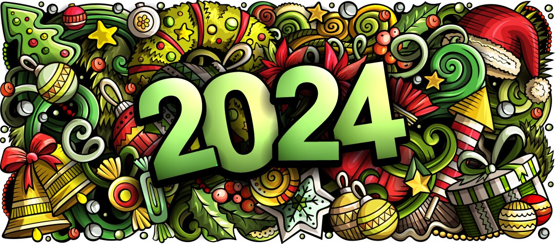 2024 doodles horizontal new year Royalty Free Vector Image