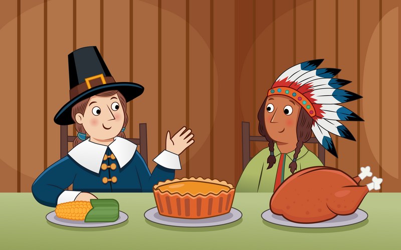 Pilgrims and Native Americans Thanksgiving – Royalty-Free Vector ...