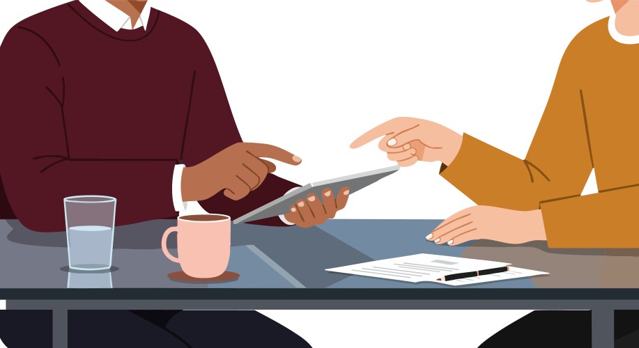 Two people discussing document using digital – Royalty-Free Vector ...