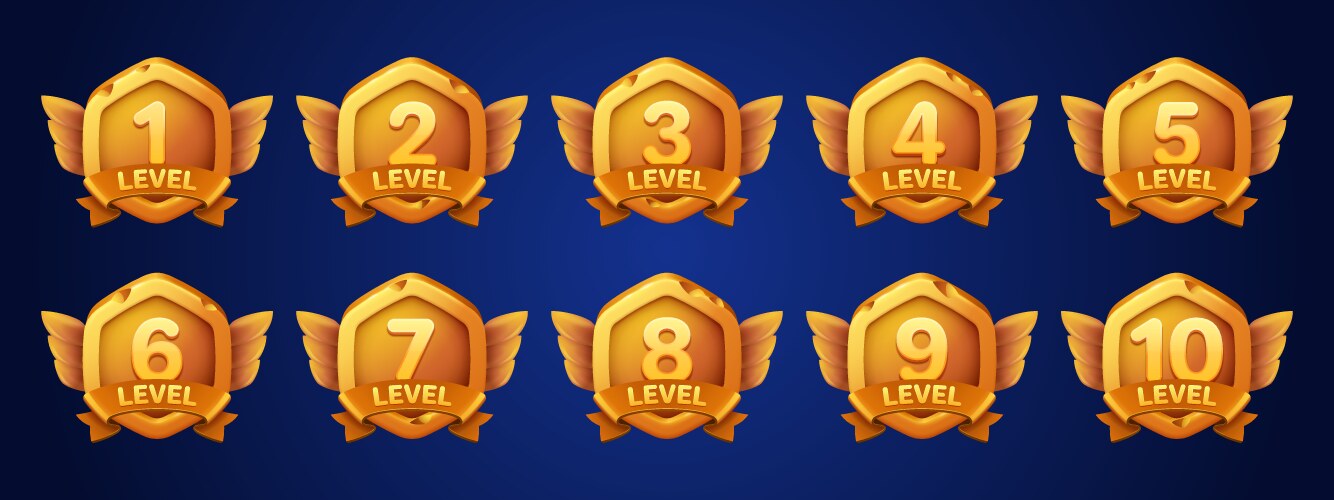 Game ice badges with level number red ribbon Vector Image