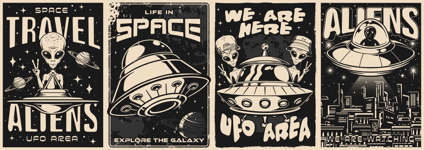 Aliens set vintage monochrome flyers Royalty Free Vector