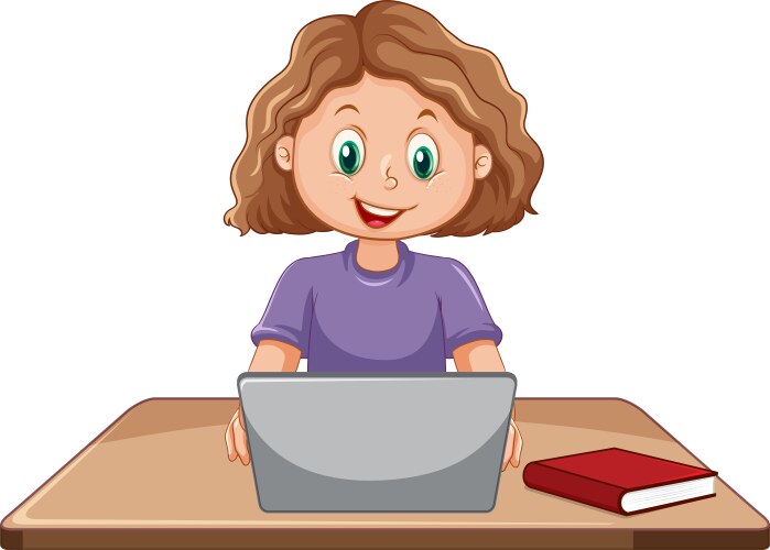 Cheerful teenage girl checking her laptop cartoon Vector Image