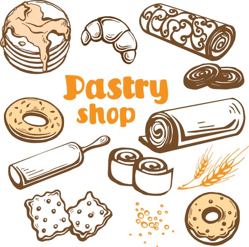 Hand drawn outline pastry bakery set Royalty Free Vector