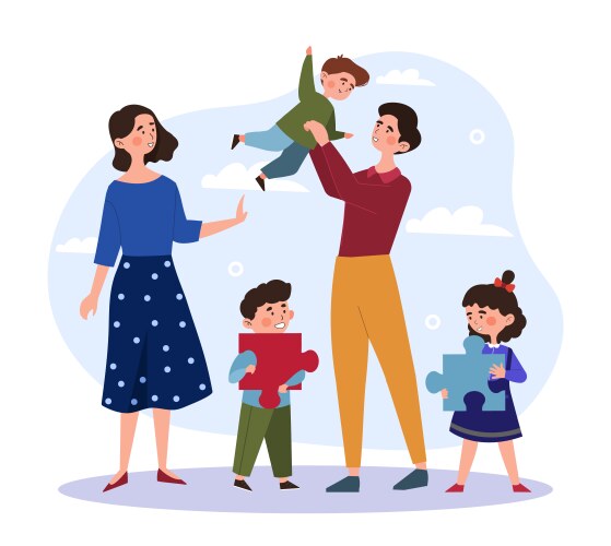 Smiling cartoon family with two cute children Vector Image