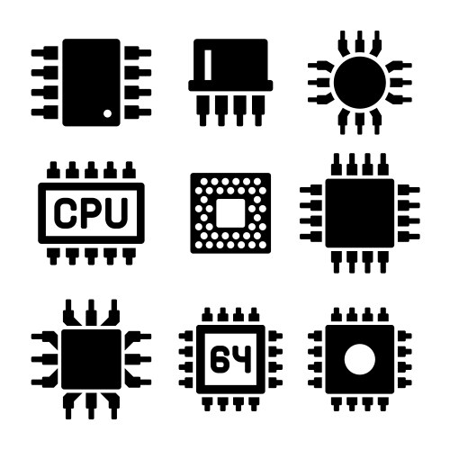 Cpu microprocessor and chips icons set Royalty Free Vector