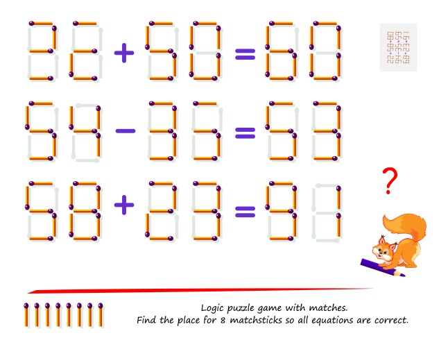 Logical puzzle game with matches in each task Vector Image