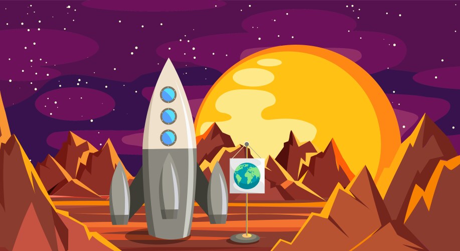 Astronaut and spaceship on mars surface Royalty Free Vector
