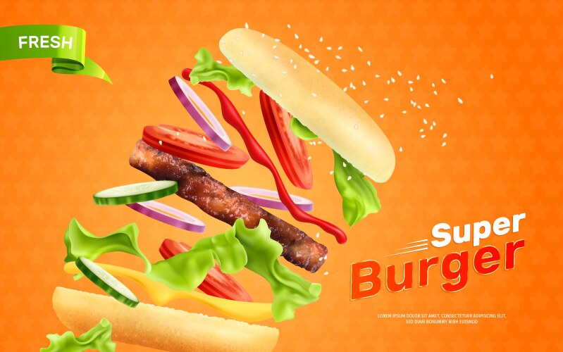 Realistic burger advertising composition Vector Image