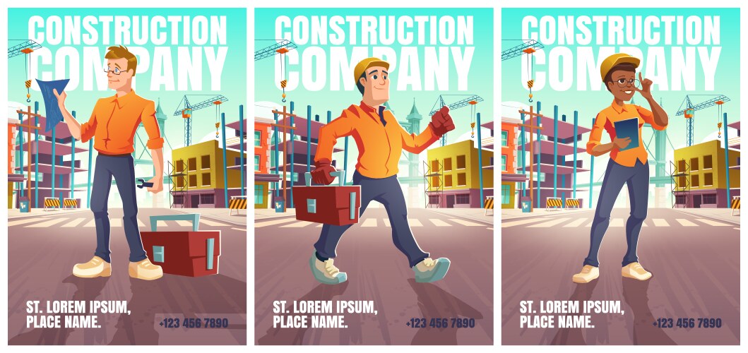 Construction company poster with workers Vector Image