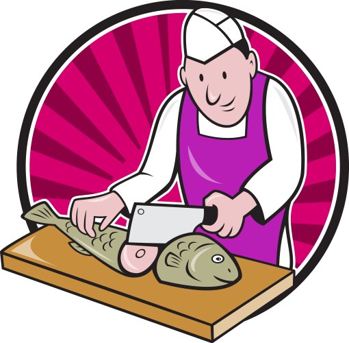 Fishmonger cutting fish cartoon Royalty Free Vector Image