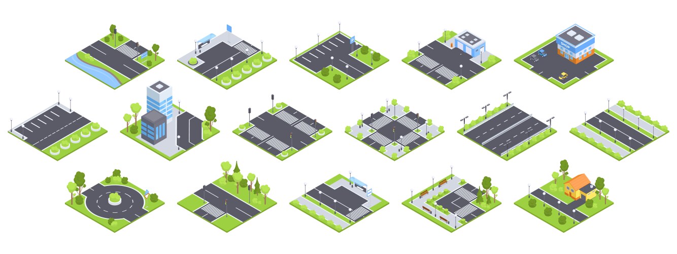 Isometric road elements city map constructor Vector Image