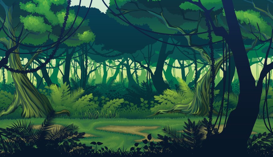 Wild dark jungle background landscape Royalty Free Vector