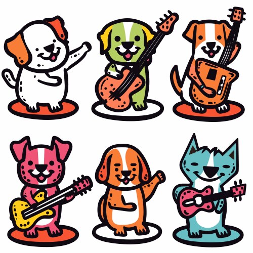 Six cartoon dogs playing guitars colorful Vector Image