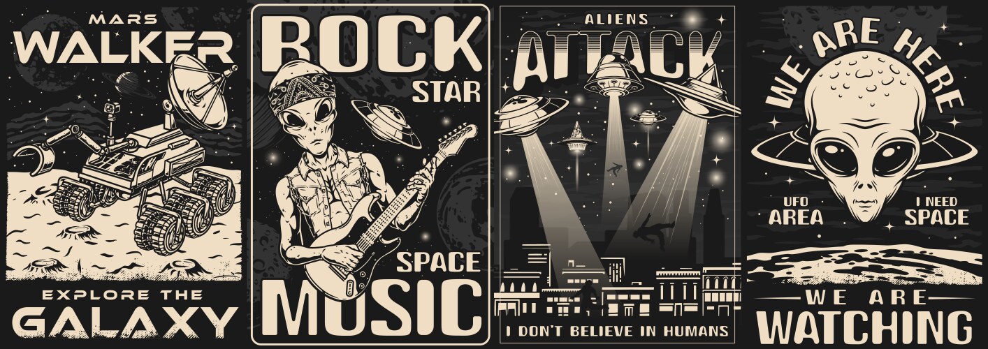 Alien guitar vintage label monochrome Royalty Free Vector