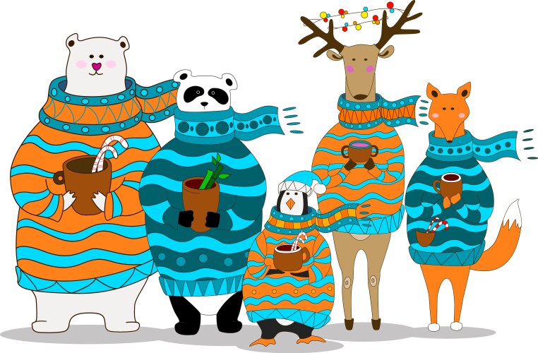 Hand drawn fat polar bear wearing scarf Royalty Free Vector