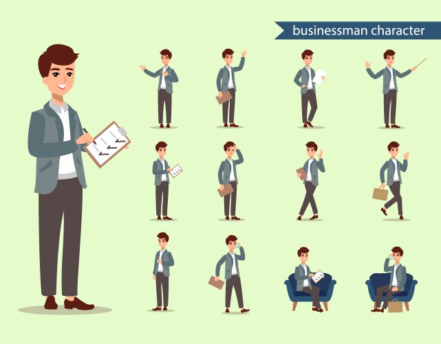 Businessman character set animate male Royalty Free Vector