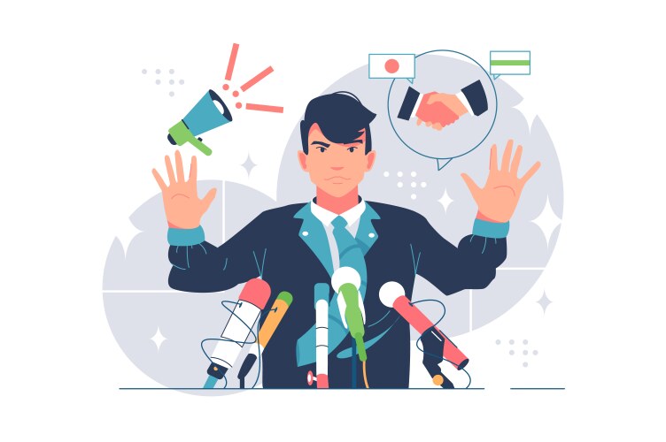 Orator speaks with broad gestures behind a podium Vector Image