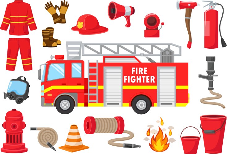 Set of firefighting elements cartoon Royalty Free Vector