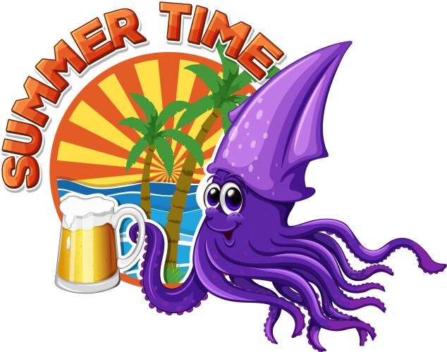 Summer time word with squid cartoon Royalty Free Vector